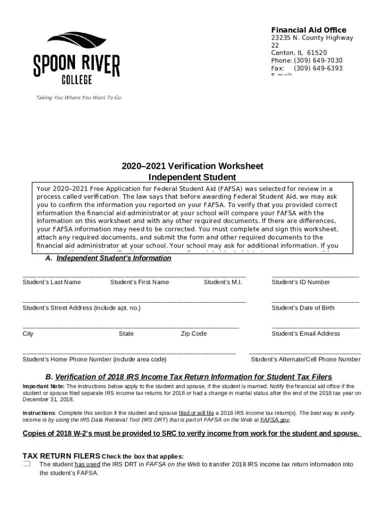 2020-2021 V1-I Verification Worksheet Independent Student Doc Template | pdfFiller