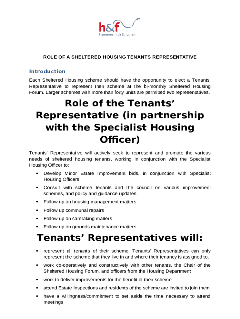 ROLE OF A SHELTERED HOUSING TENANTS REPRESENTATIVE Doc Template | pdfFiller