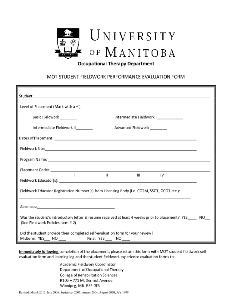 Fillable Online MOT STUDENT FIELDWORK SELF-EVALUATION FORM AND LEARNING ...