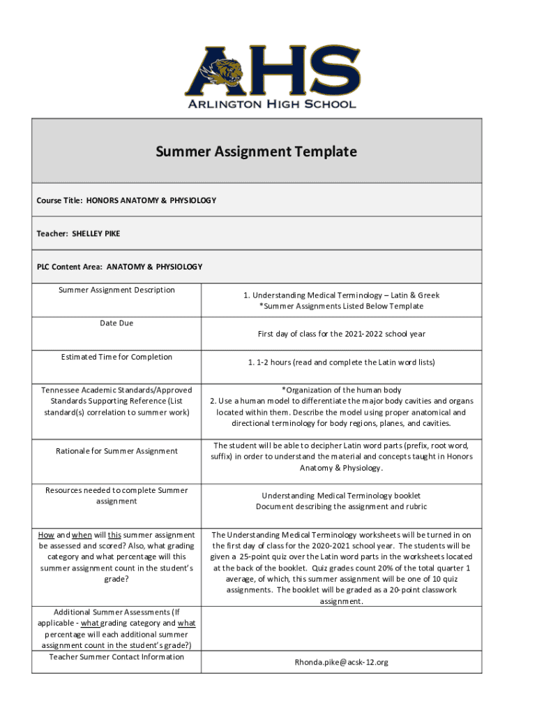 Fillable Online Summer Assignment Template - Home - Arlington High ...