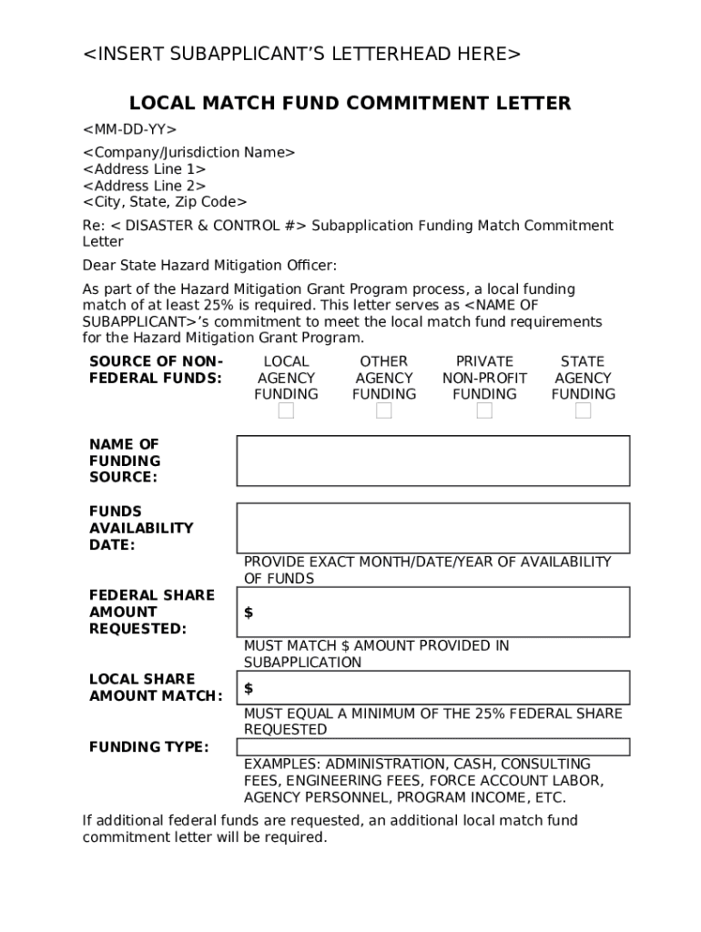 HMGP Local Match Commitment Letter Template - dem nv Doc Template | pdfFiller
