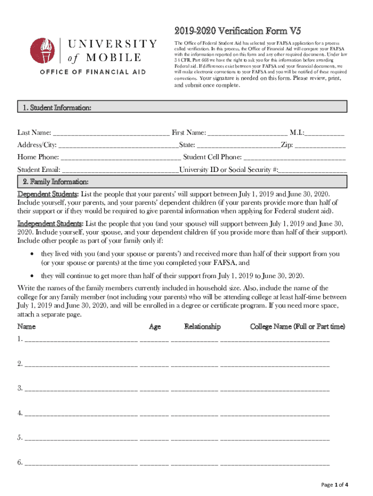 Fillable Online 2019-2020 Verification Form V5 - University of Mobile ...