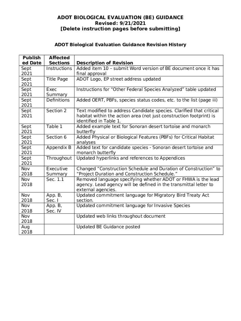 ADOT BIOLOGICAL EVALUATION (BE) GUIDANCE Doc Template | pdfFiller