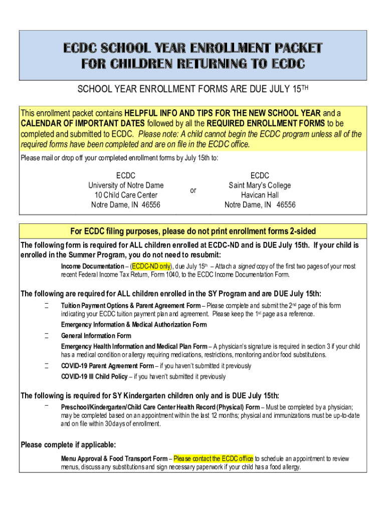 Fillable Online Fillable Online ECDC SCHOOL YEAR ENROLLMENT PACKET Fax ...