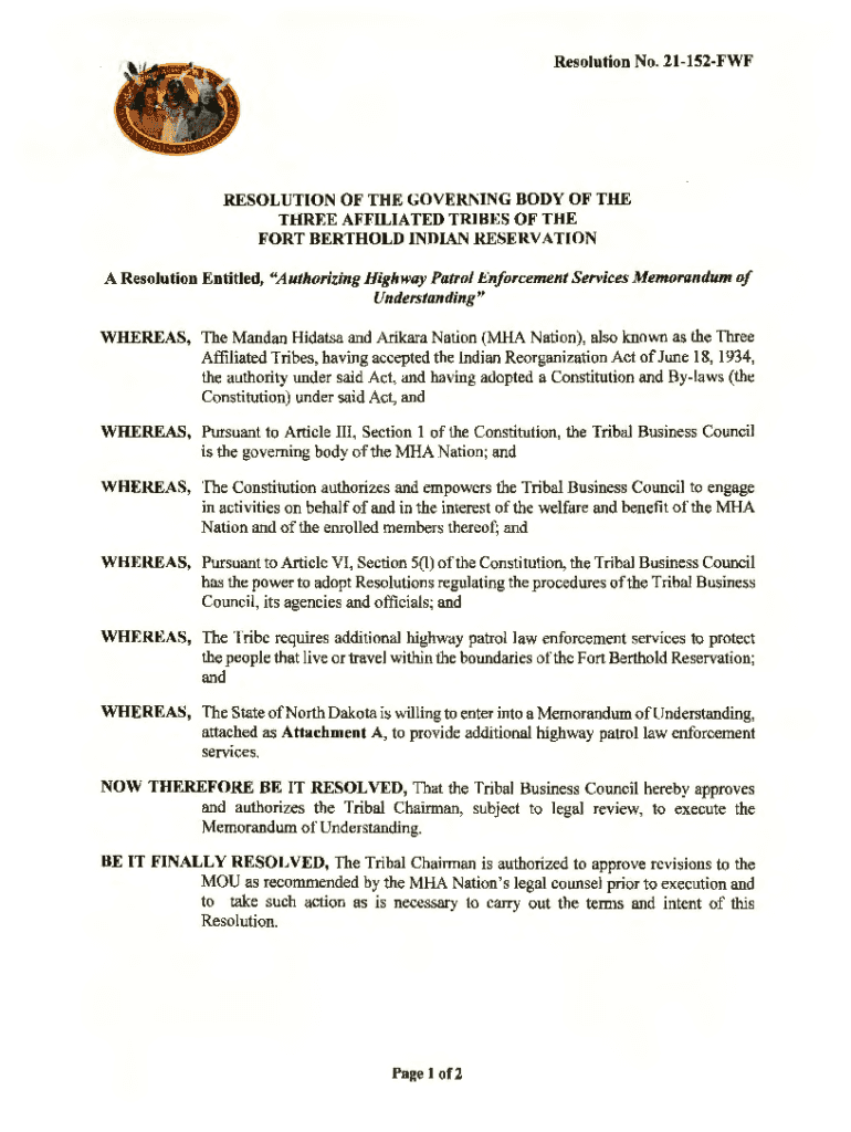 Fillable Online Resolution No. 21-152-FWF THREE AFFILIATED TRIBES OF ...