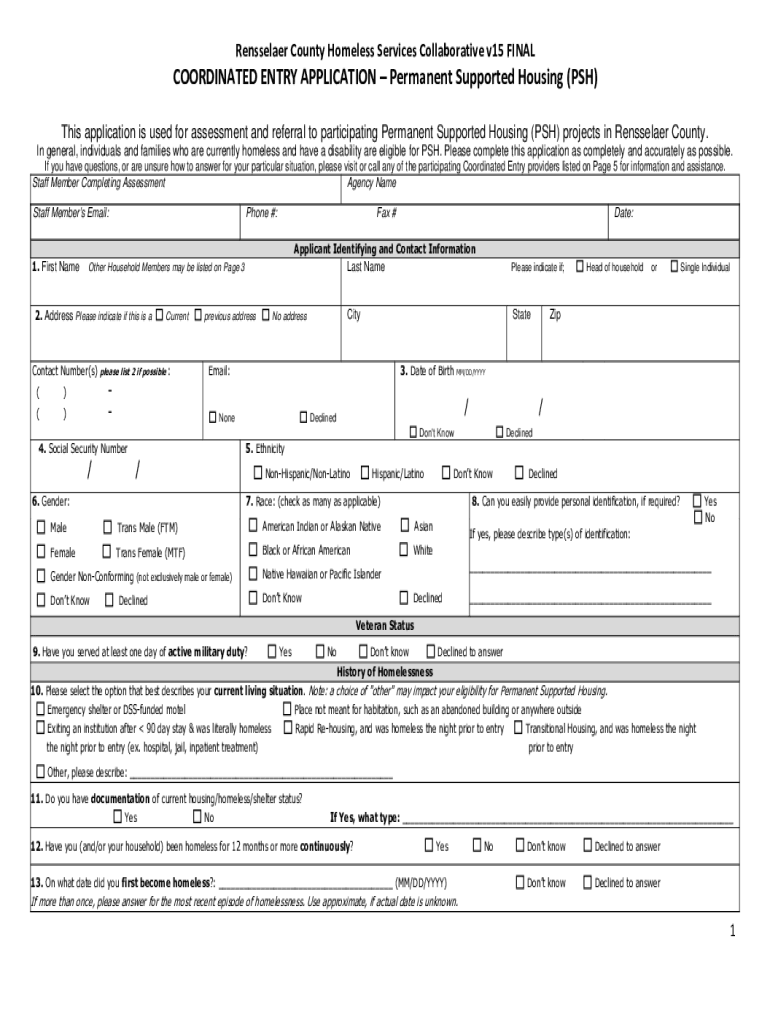 Fillable Online Coordinated Entry Application PSH v15 Final.docx Fax Email Print - pdfFiller