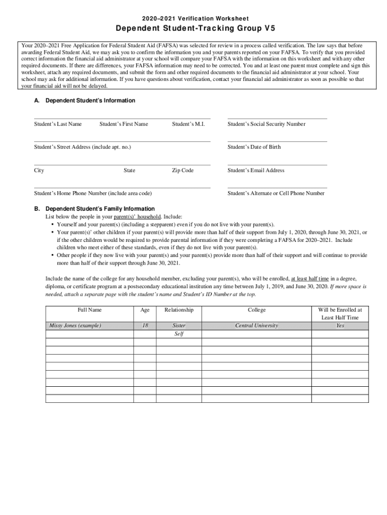 Fillable Online 20 Worksheet Dependent Student - Tracking Group V5 Fax Email Print - pdfFiller