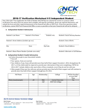 Fillable Online 2016-17 Verification Worksheet V-5 Independent Student Fax Email Print - pdfFiller