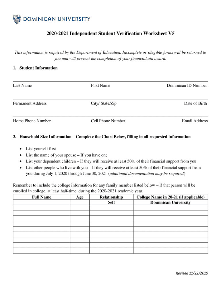 Fillable Online 2020-2021 Independent Student Verification Worksheet V5 ...