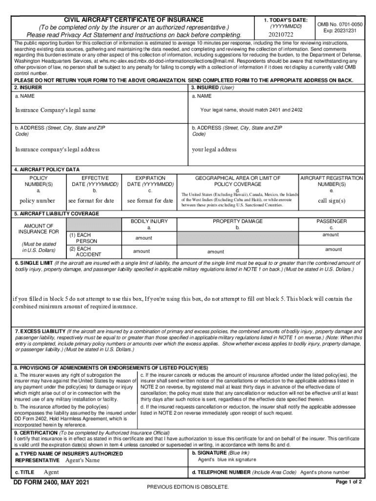 Fillable Online CIVIL AIRCRAFT CERTIFICATE OF INSURANCE (To be ...