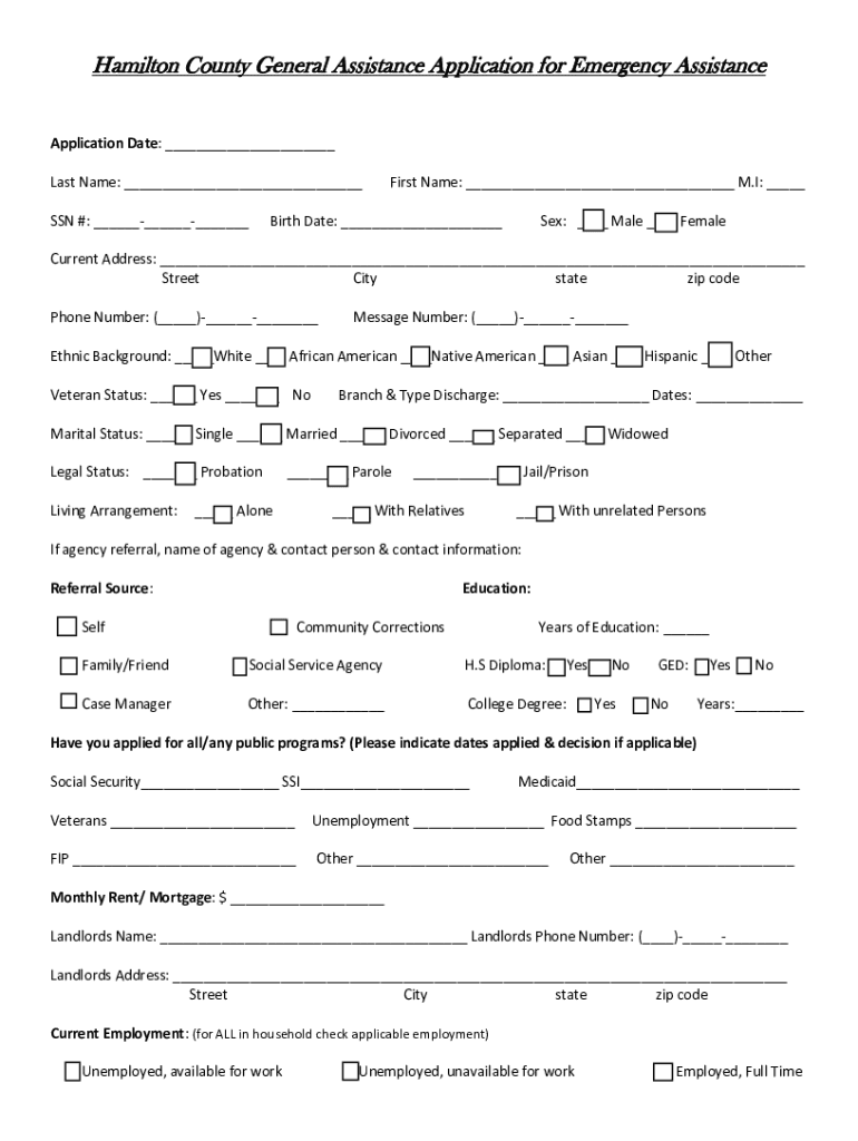 Fillable Online Hamilton County General Assistance Application for ...