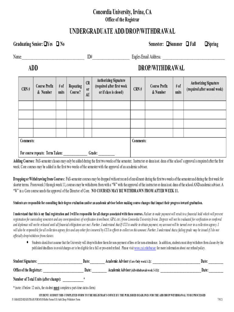 Fillable Online Fillable Online Add/Drop/Withdrawal Form - Concordia ... Fax Email Print - pdfFiller