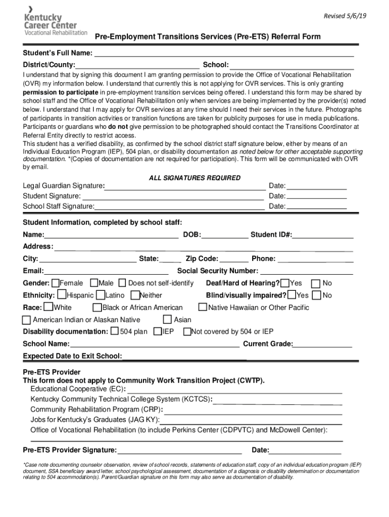 Fillable Online Pre-Employment Transitions Services (Pre-ETS) Referral ...