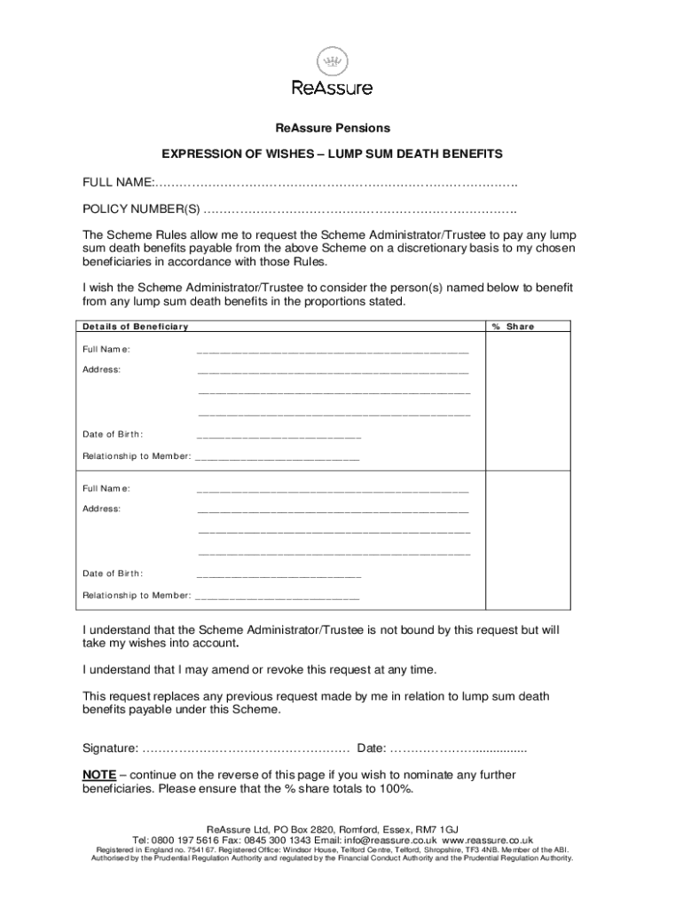 Fillable Online ReAssure Pensions EXPRESSION OF WISHESLUMP SUM DEATH ...