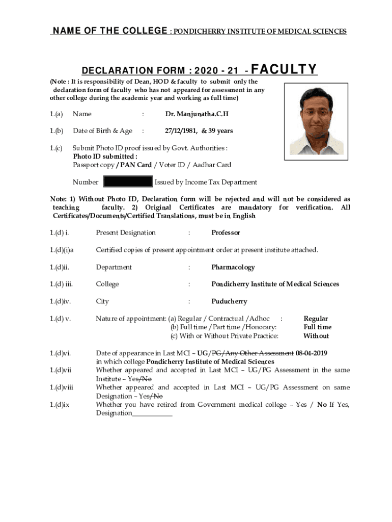 Fillable Online DECLARATION FORM : 2020-21 FACULTY Fax Email Print ...