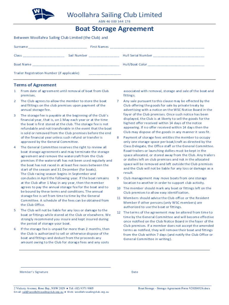 Fillable Online Woollahra Sailing Club Limited. Boat Storage Agreement ...
