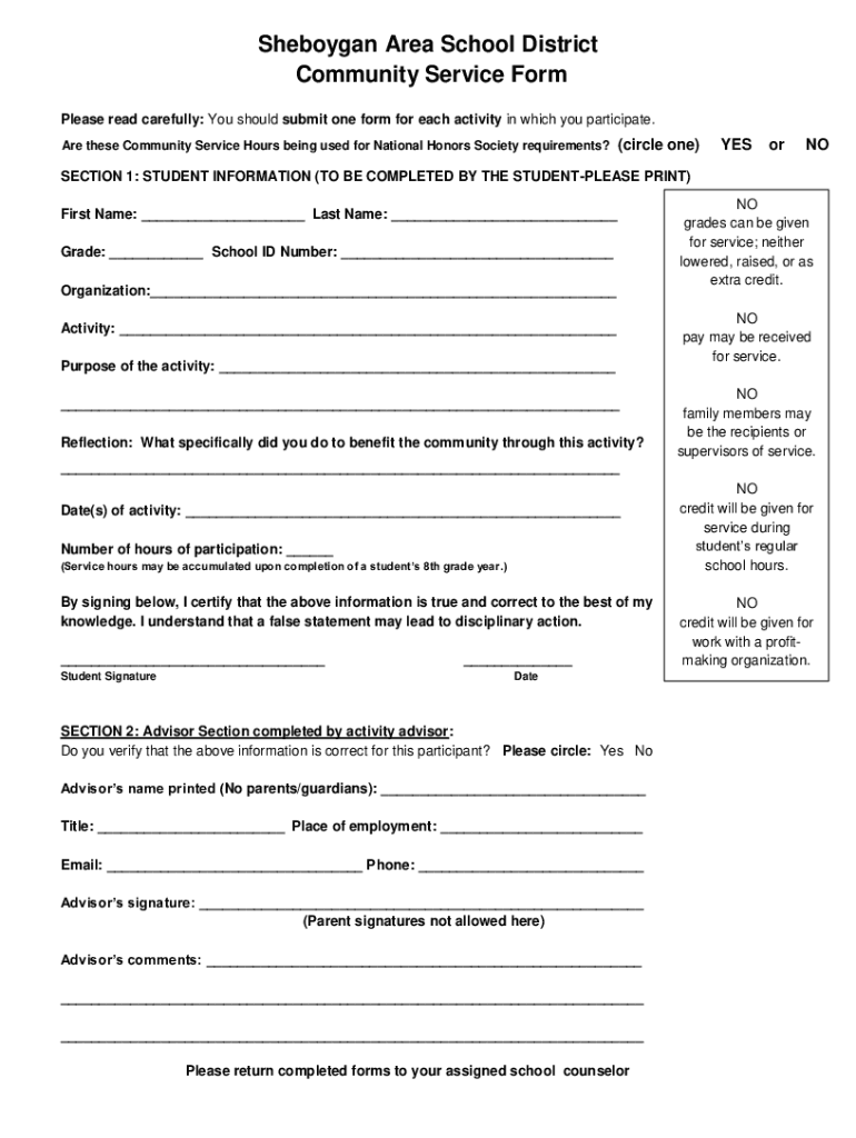 Fillable Online SASD Community Service Form - Sheboygan Area School ...