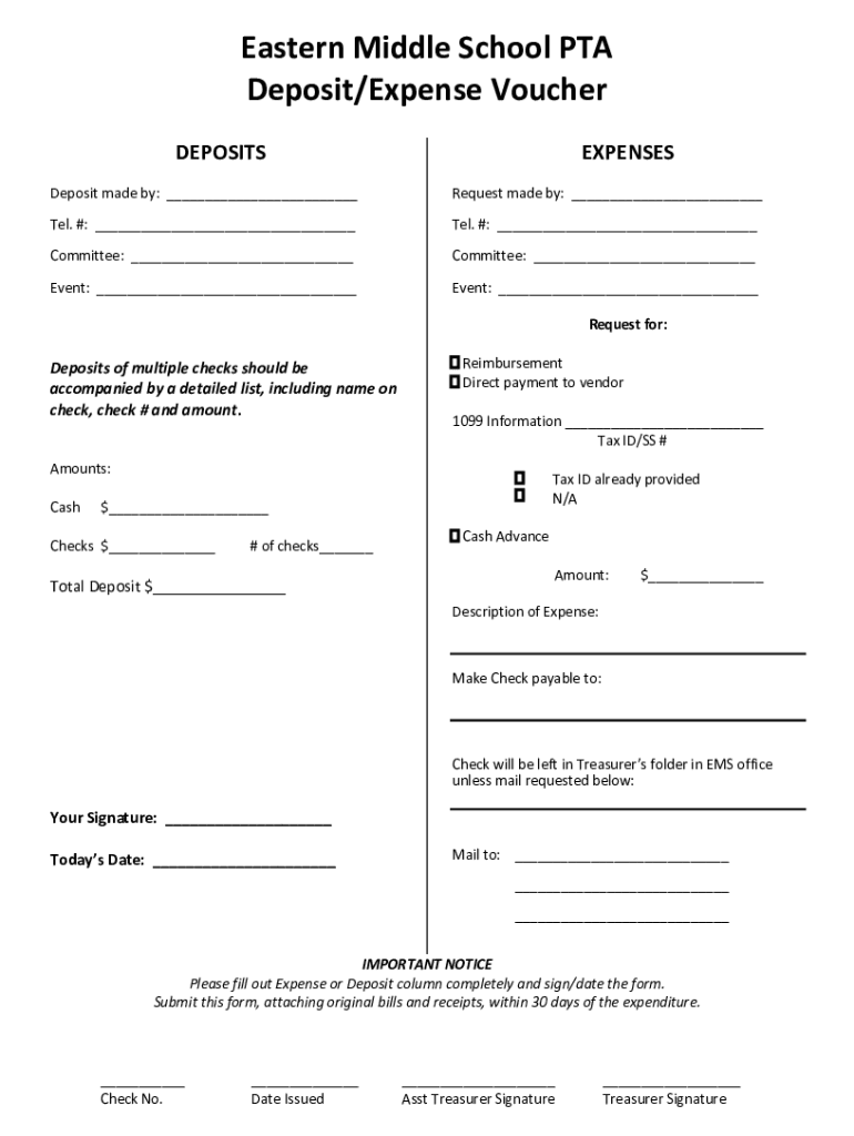 Fillable Online Eastern Middle School PTA Deposit/Expense Voucher Fax ...