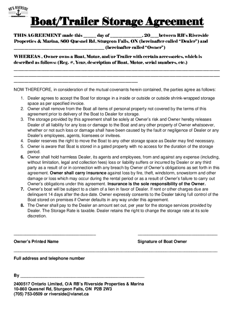 Fillable Online Boat/Trailer Storage Agreement - RB's Riverside ...