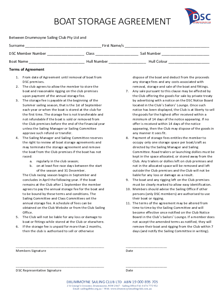 Fillable Online DSC Boat Storage Agreement - Drummoyne Sailing Club Fax ...