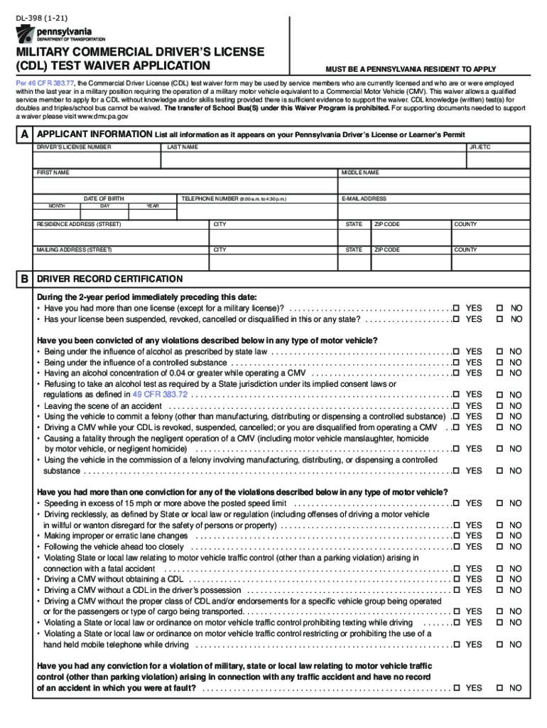 Fillable Online PennDOT - Military Commercial Driver's License (CDL ...