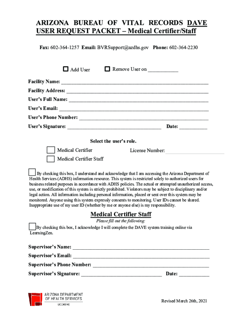 Fillable Online Medical Certifier User Request - Arizona Department of ...
