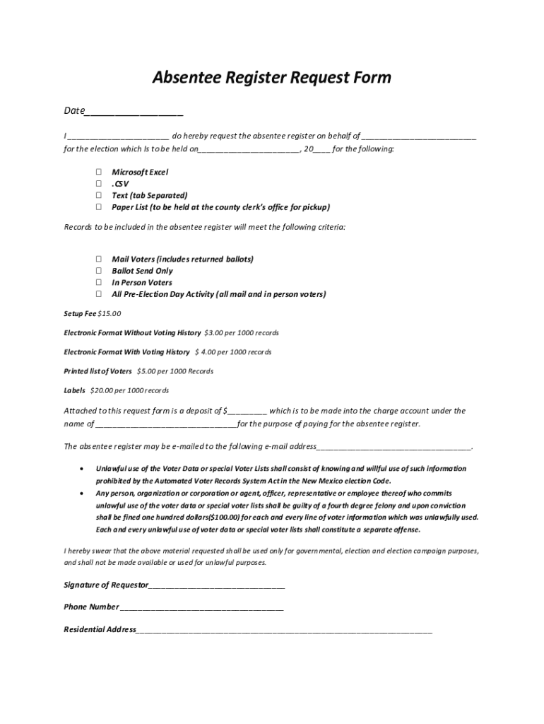 Fillable Online Absentee Register Request Form - Santa Fe County Fax ...
