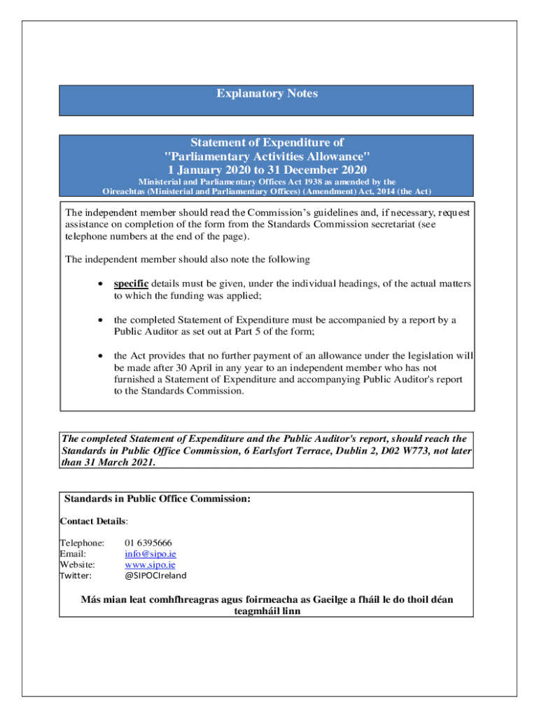Fillable Online Explanatory Notes Statement of Expenditure of ... Fax ...