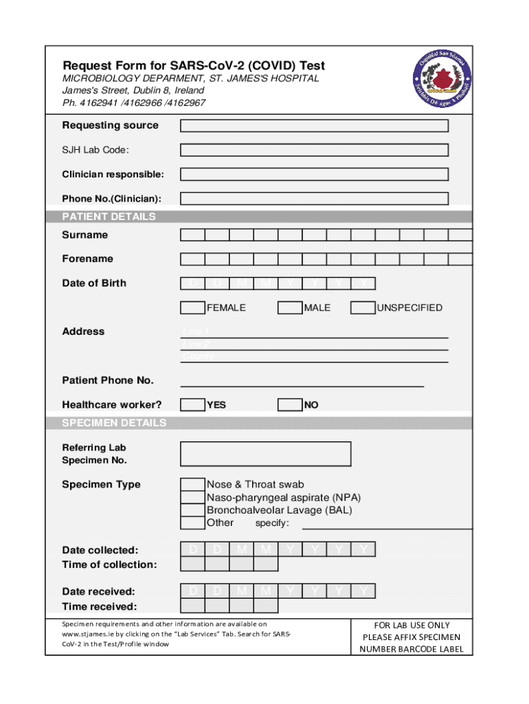 Fillable Online Request Form for SARS-CoV-2 (COVID) Test - St James's ...