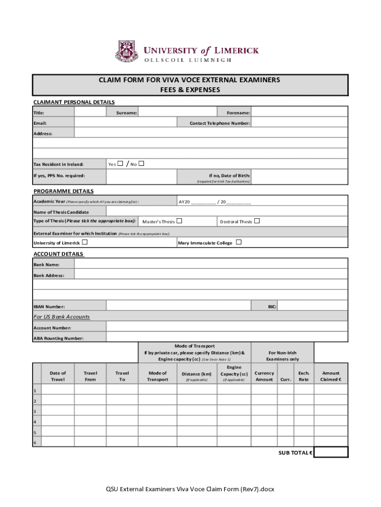 Fillable Online CLAIM FORM FOR VIVA VOCE EXTERNAL EXAMINERS FEES ...