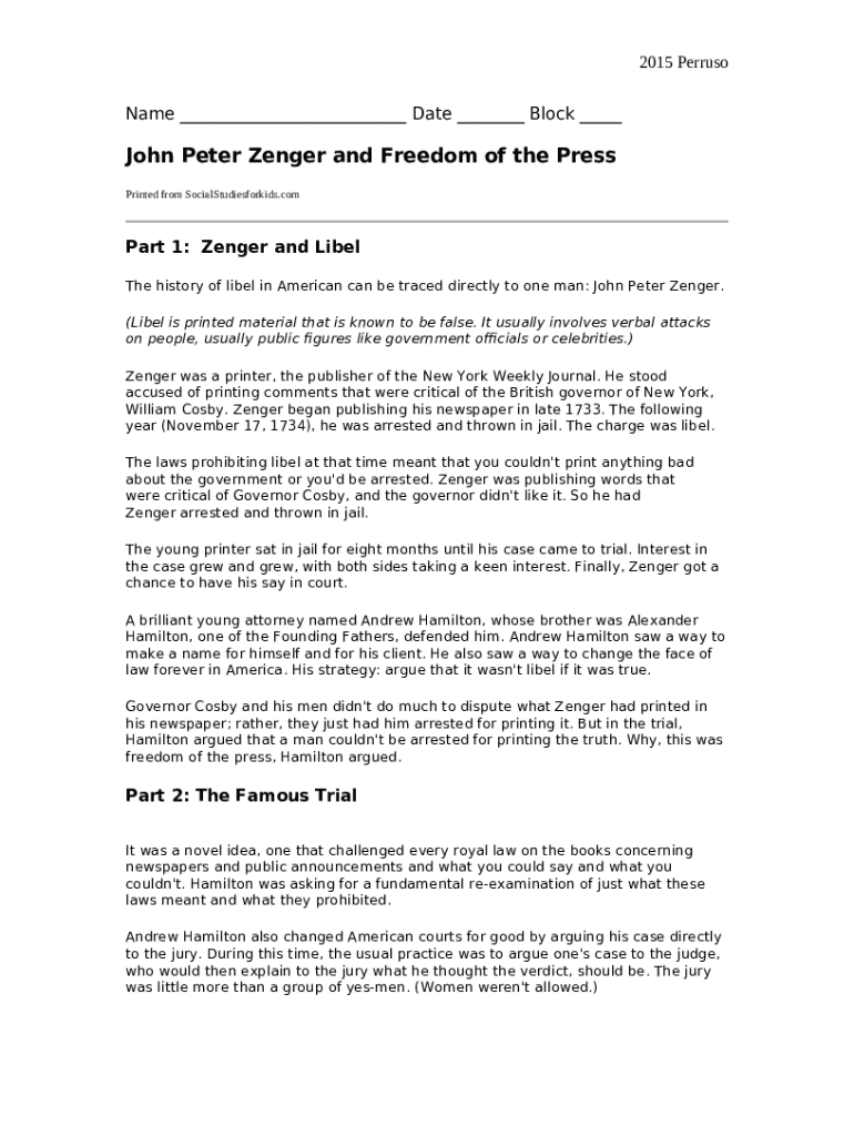 THE JOHN PETER ZENGER AWARD FOR FREEDOM OF THE PRESS AND ... Doc ...