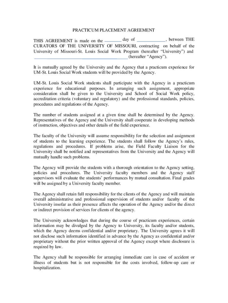 Fillable Online Get the free PRACTICUM PLACEMENT AGREEMENT - umsl Fax Email Print - pdfFiller