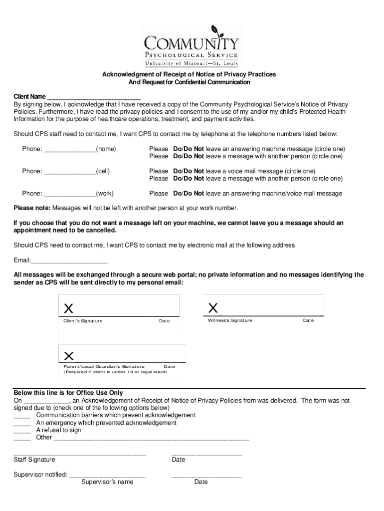 Fillable Online CPS Acknowledgment of Receipt of Notice of Privacy ...