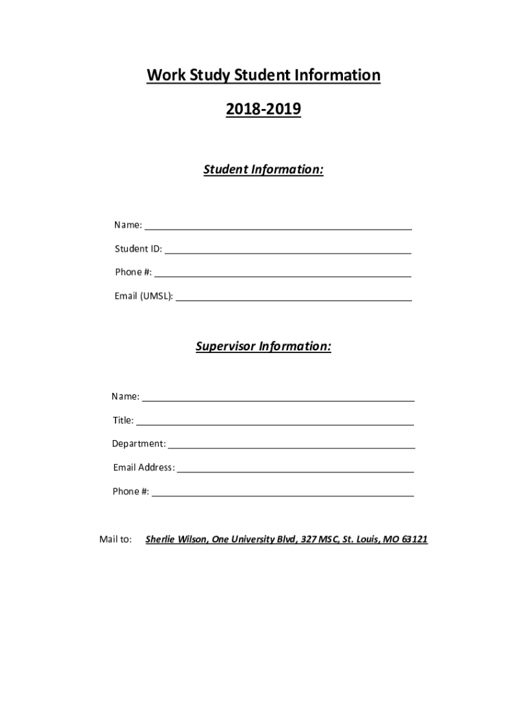 Fillable Online Work Study Student Information 2018-2019 - University ...