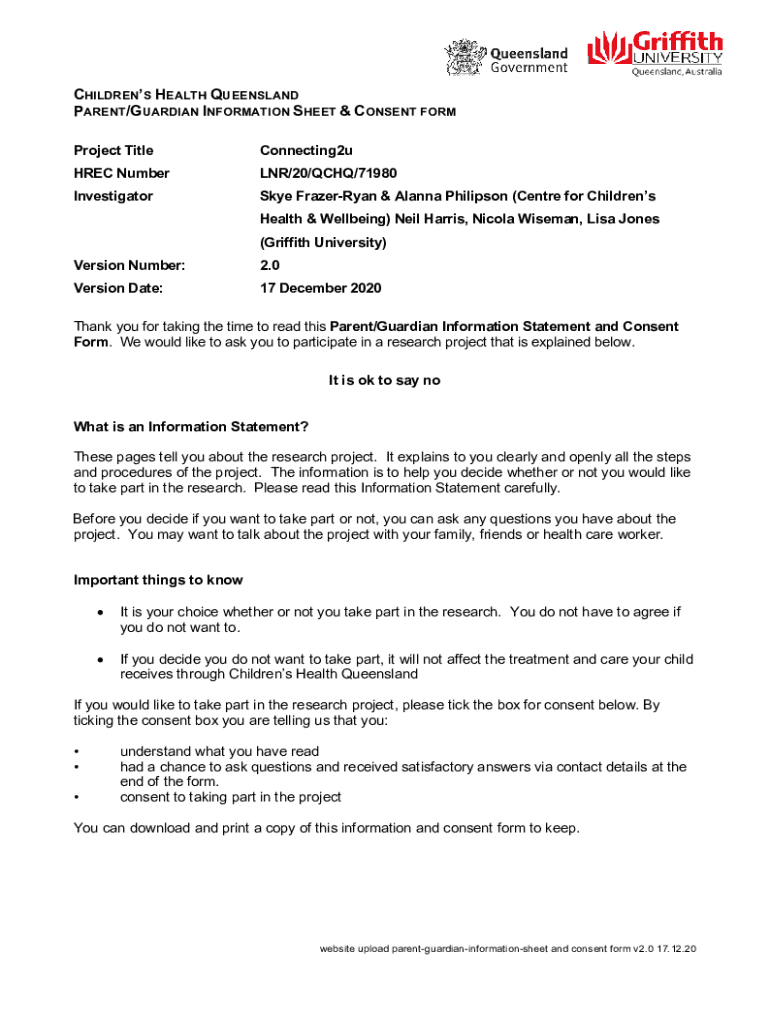 Fillable Online Parent/Guardian Information Sheet & Consent Form ...