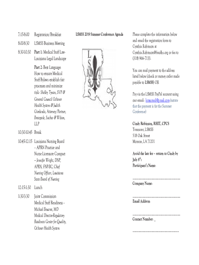 Fillable Online Room block expires: 2019 LSMSS Summer Conference ...