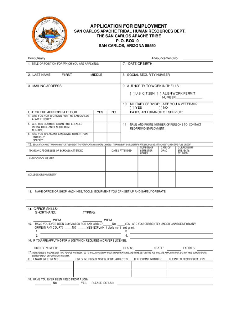 Fillable Online APPLICATION FOR EMPLOYMENT SAN CARLOS APACHE TRIBAL ...