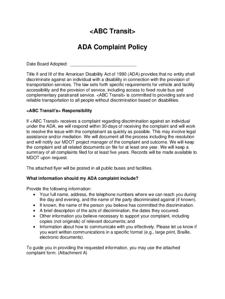 Fillable Online ADA Transit Complaint policy template. ADA Transit ...
