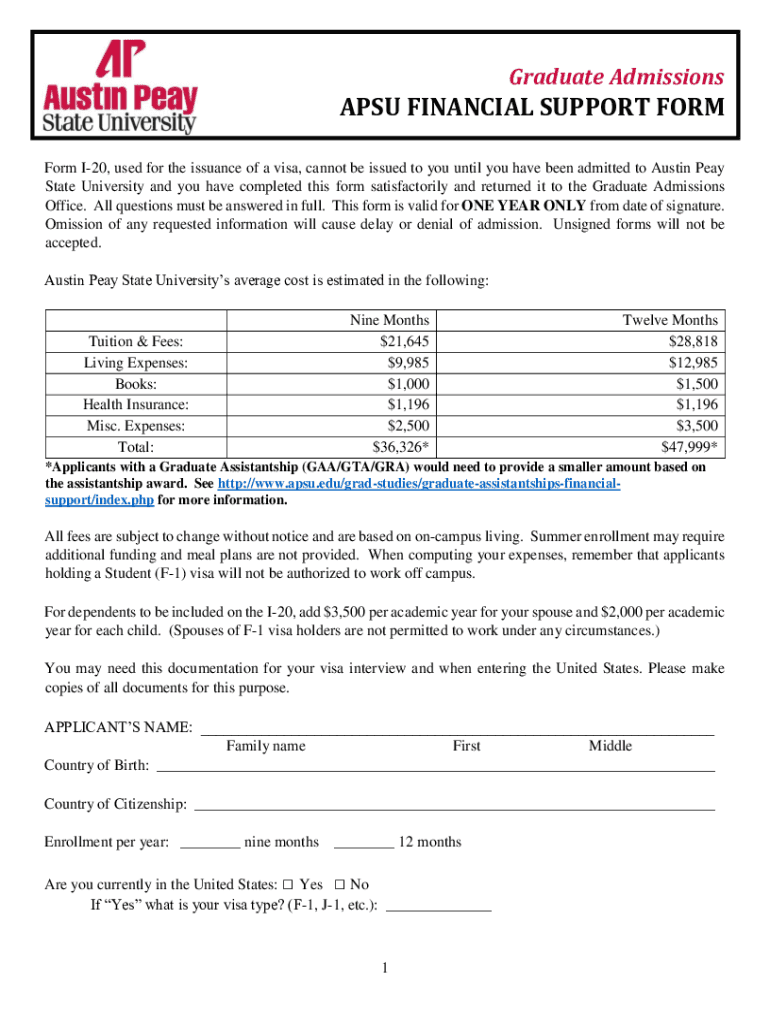 Fillable Online www.apsu.eduGradAffidavitofSupport201718Graduate ...