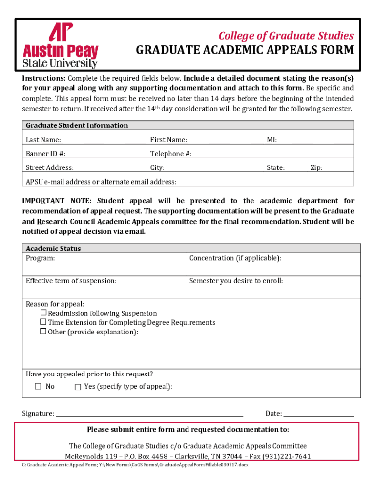 Fillable Online www.apsu.edu GradAppealFormFillable013017-College of ...
