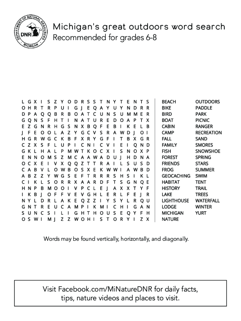 Fillable Online Michigan's great outdoors word search, grades 6-8 ...