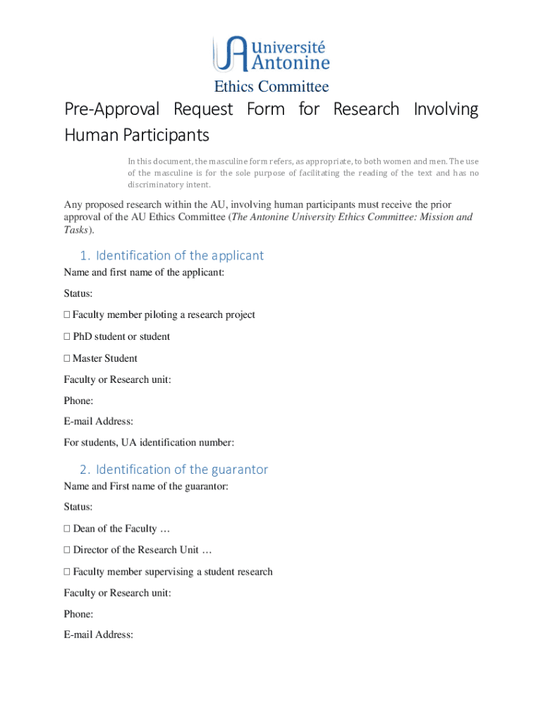 Fillable Online Ethics Committee Pre-Approval Request Form for Research ...