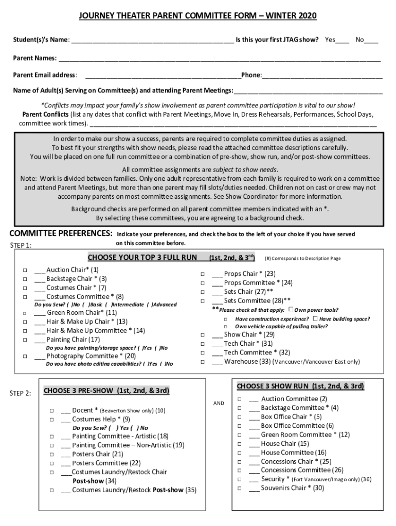 Fillable Online JTAG Parent Committee Form W20 Fax Email Print - pdfFiller