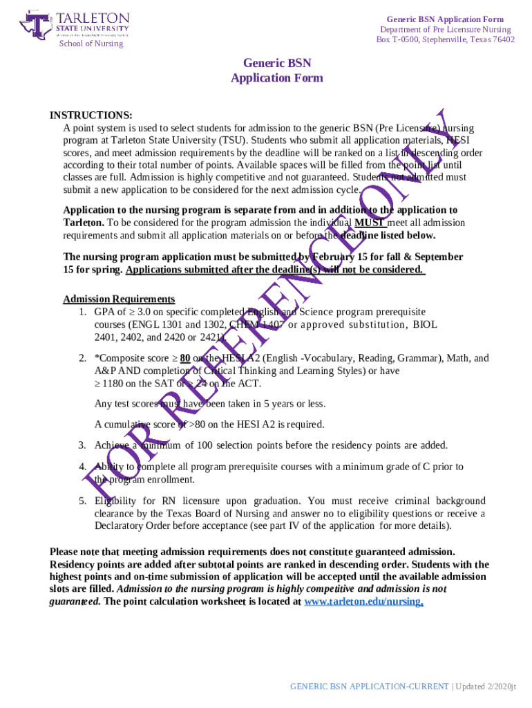 PDF Generic BSN Application - Tarleton State University Doc Template ...