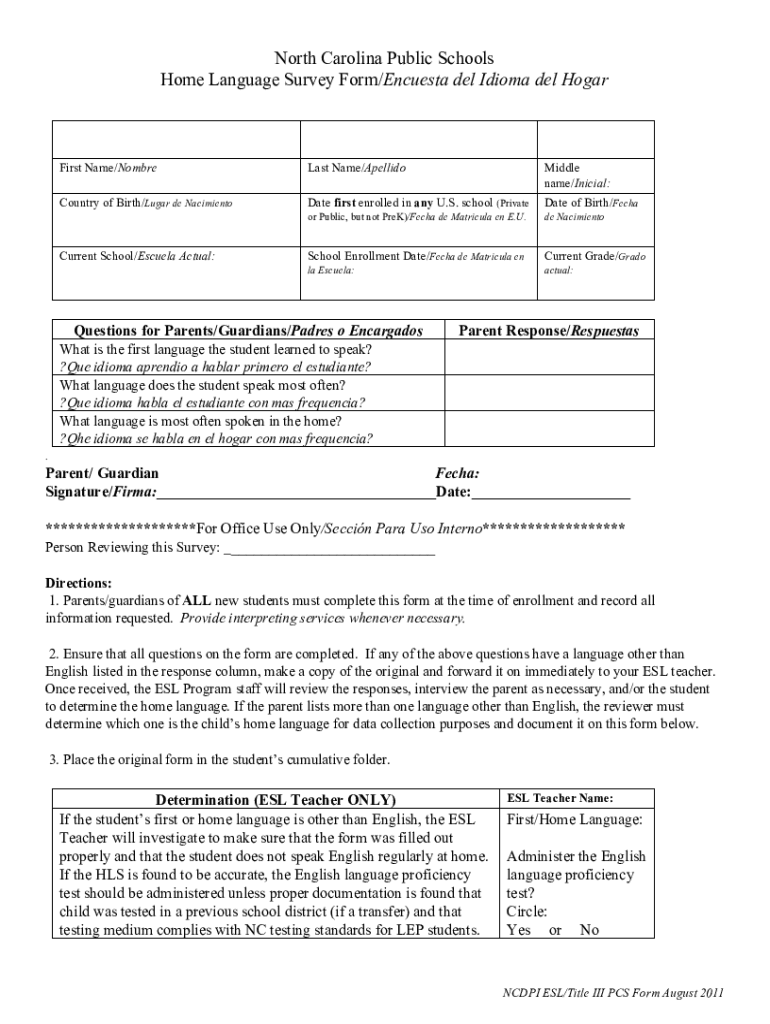 Fillable Online Fill - Free fillable North Carolina Home Language ...