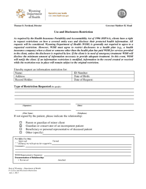 Fillable Online Restriction of Use and Disclosures Request Form Fax ...