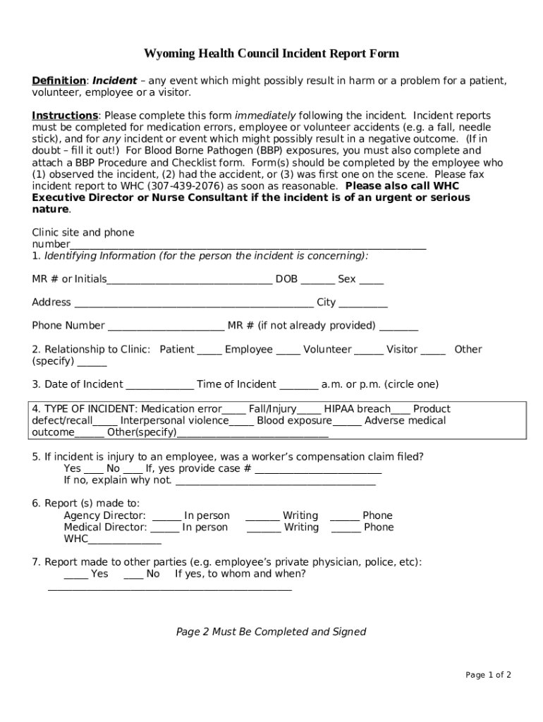 Wyoming Health Council Incident Report Doc Template | pdfFiller