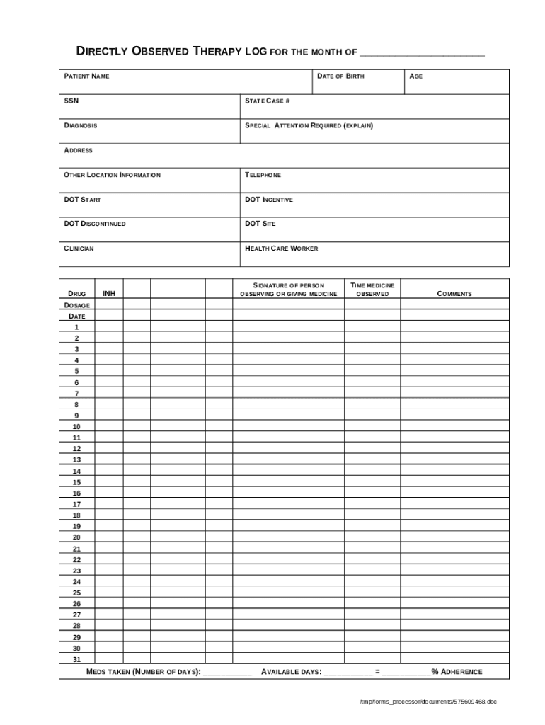 DIRECTLY OBSERVED THERAPY log for the month of - dhhs ne Doc Template ...