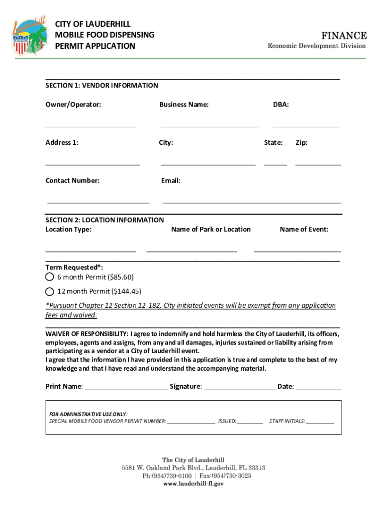 Fillable Online City of Lauderhill Mobile Food Dispensing Permit ...