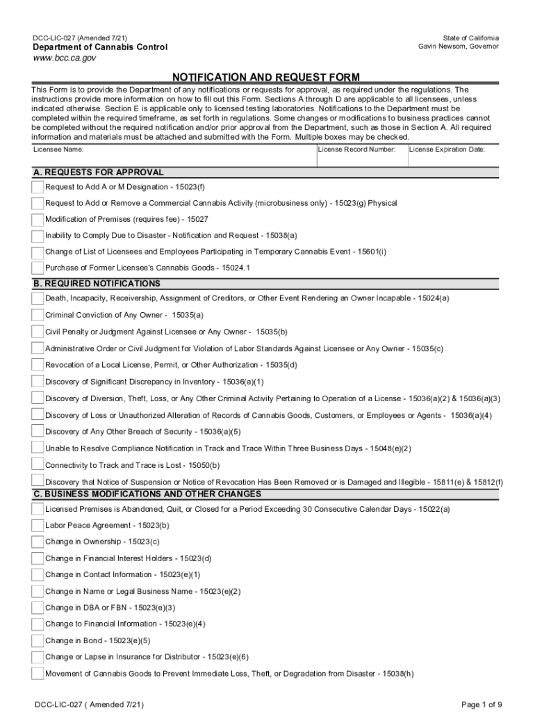 Fillable Online Department of Cannabis Control - Department Notification and Request Form DCC ...